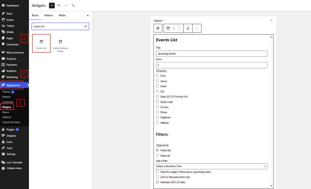 Events List Widget Settings - Knowledgebase