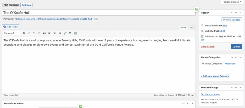 Venue and Organizer Pages - Knowledgebase