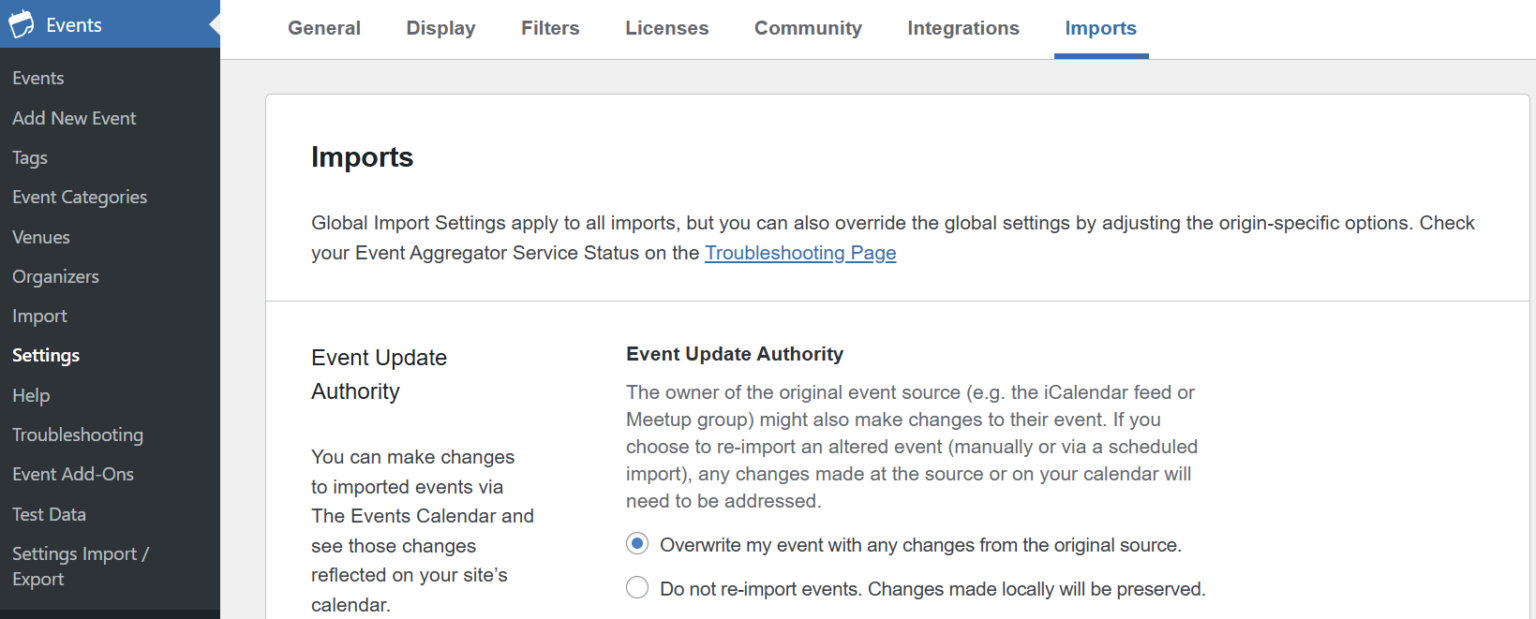 Event Aggregator Import Settings - Knowledgebase