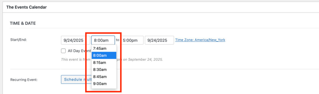 Changing Time Intervals in The Events Calendar - Knowledgebase